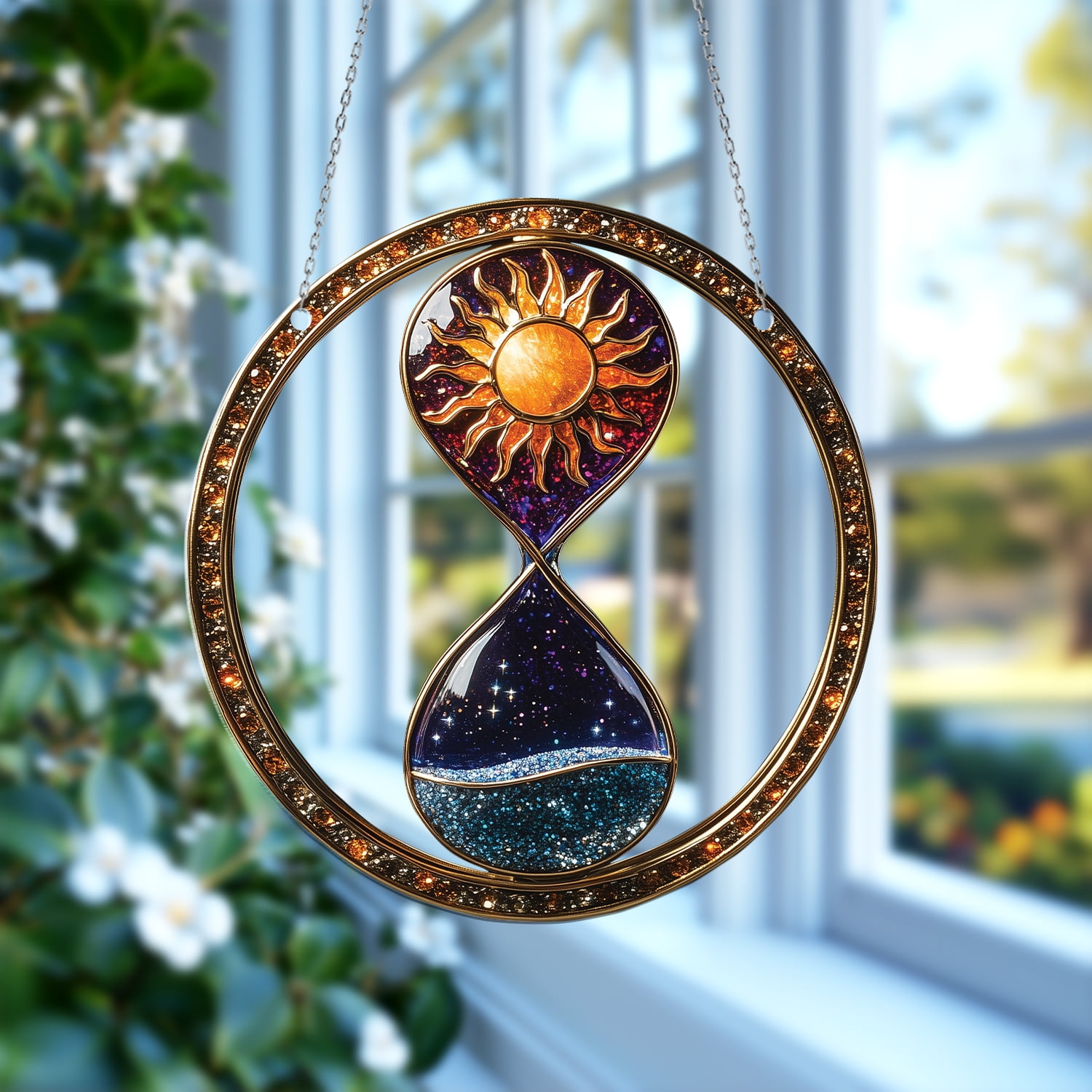 Solar & Lunar Hourglass Suncatcher – Beautiful Window Hanging Decor – Space & Time Inspired Art ...
