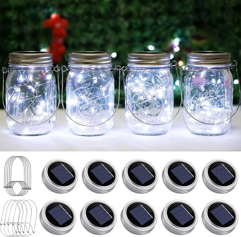 Solar Mason Jar Lights 10 Pack 20 LED Waterproof Outdoor Fairy Firefly ...