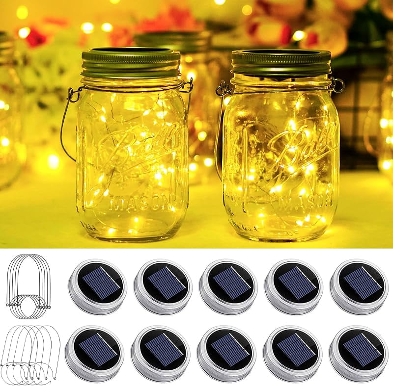 Solar Mason Jar Lights 10 Pack 20 LED Waterproof Outdoor Fairy Firefly ...