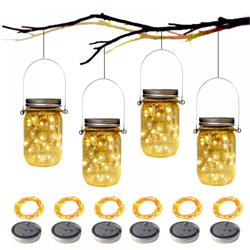 Solar Mason Jar Lights, 6 Pack 20 LED Waterproof Fairy Firefly Jar Lids ...