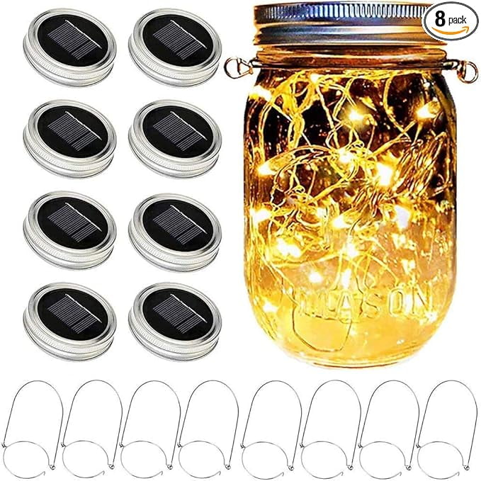 Solar Mason Jar Lights, 8 Pack 15 LED Waterproof Fairy Firefly Jar Lids ...