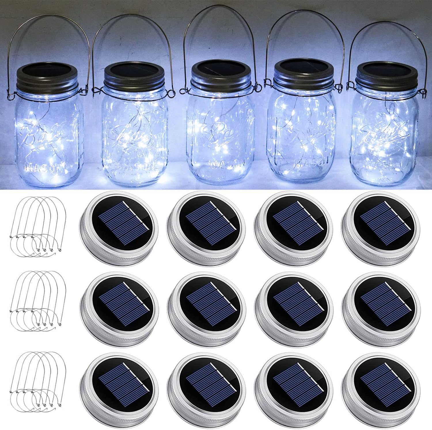 Solar Mason Jar String Light Lids, 12 Pack 30 LED Jar Fairy Firefly ...