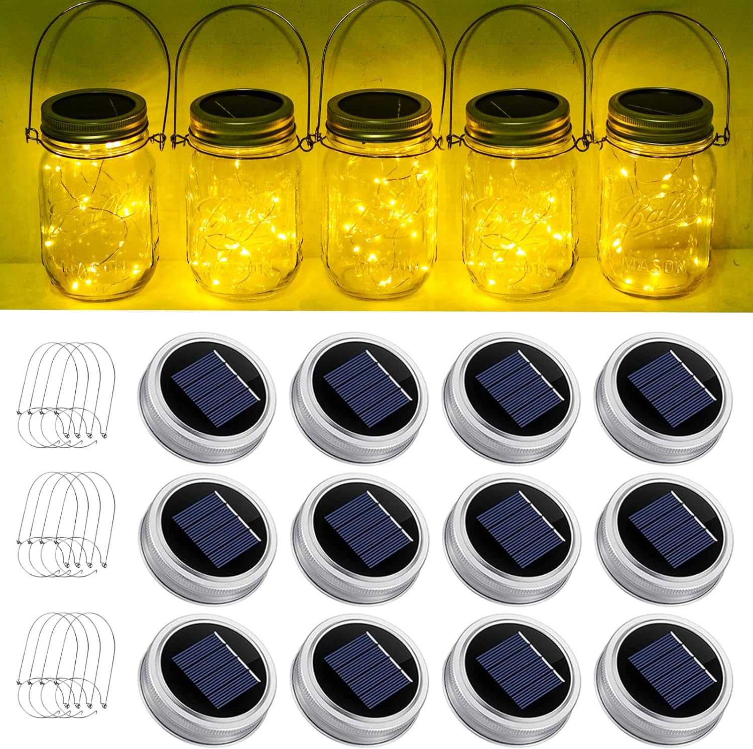 Solar Mason Jar String Light Lids, 12 Pack 30 LED Jar Fairy Firefly ...