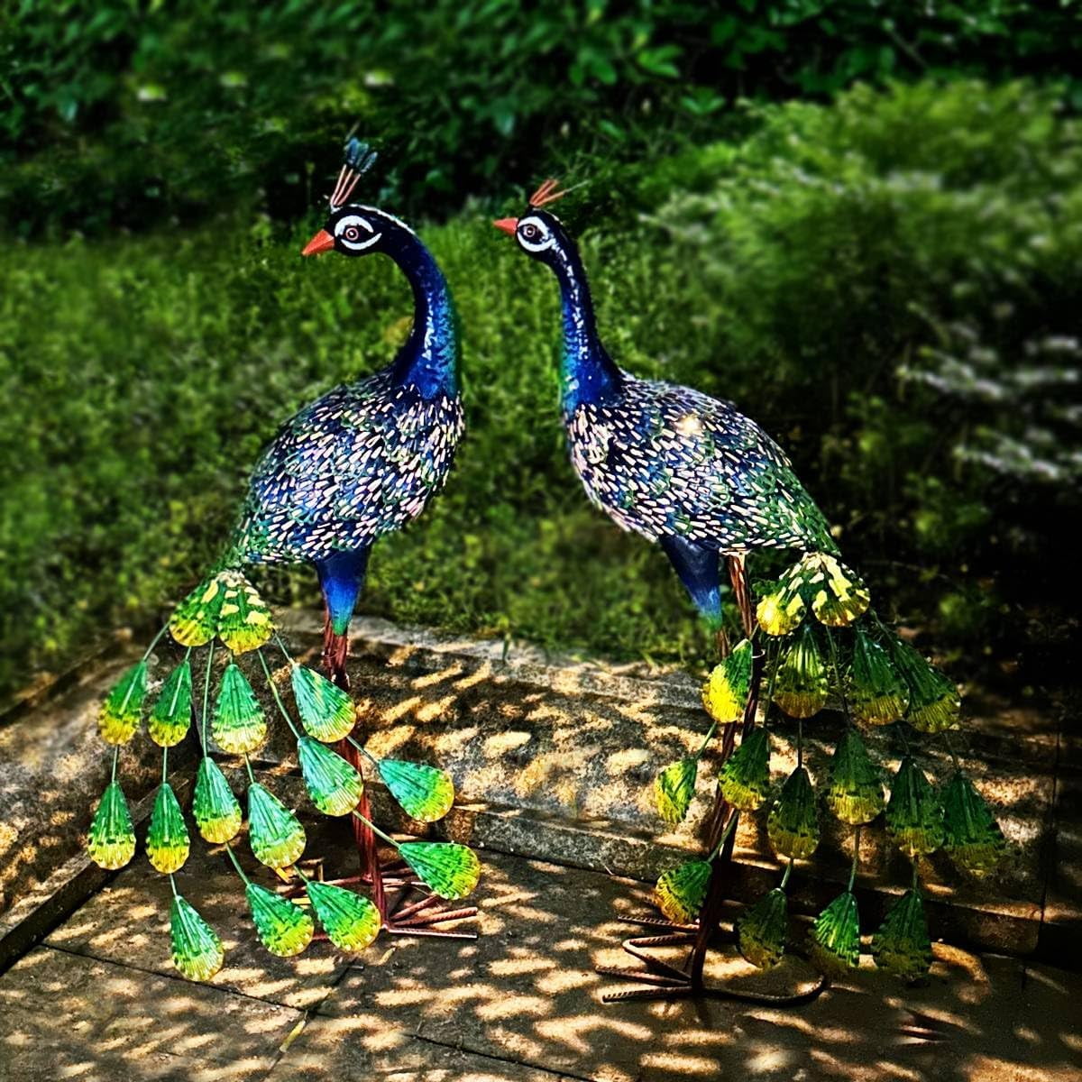 Solar Metal Peacock Statues - Set of 2 for Outdoor Garden Decor ...