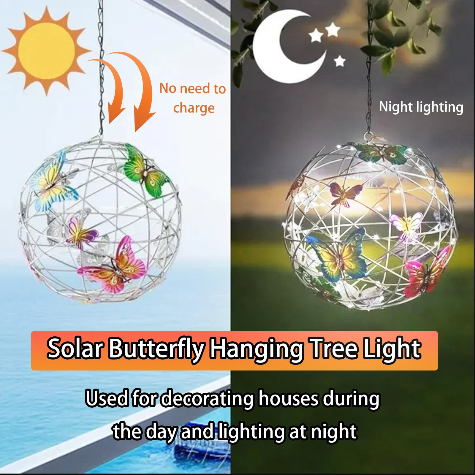 Solar Outdoor Butterfly Lights Hanging Metal Ball Garden Lantern ...