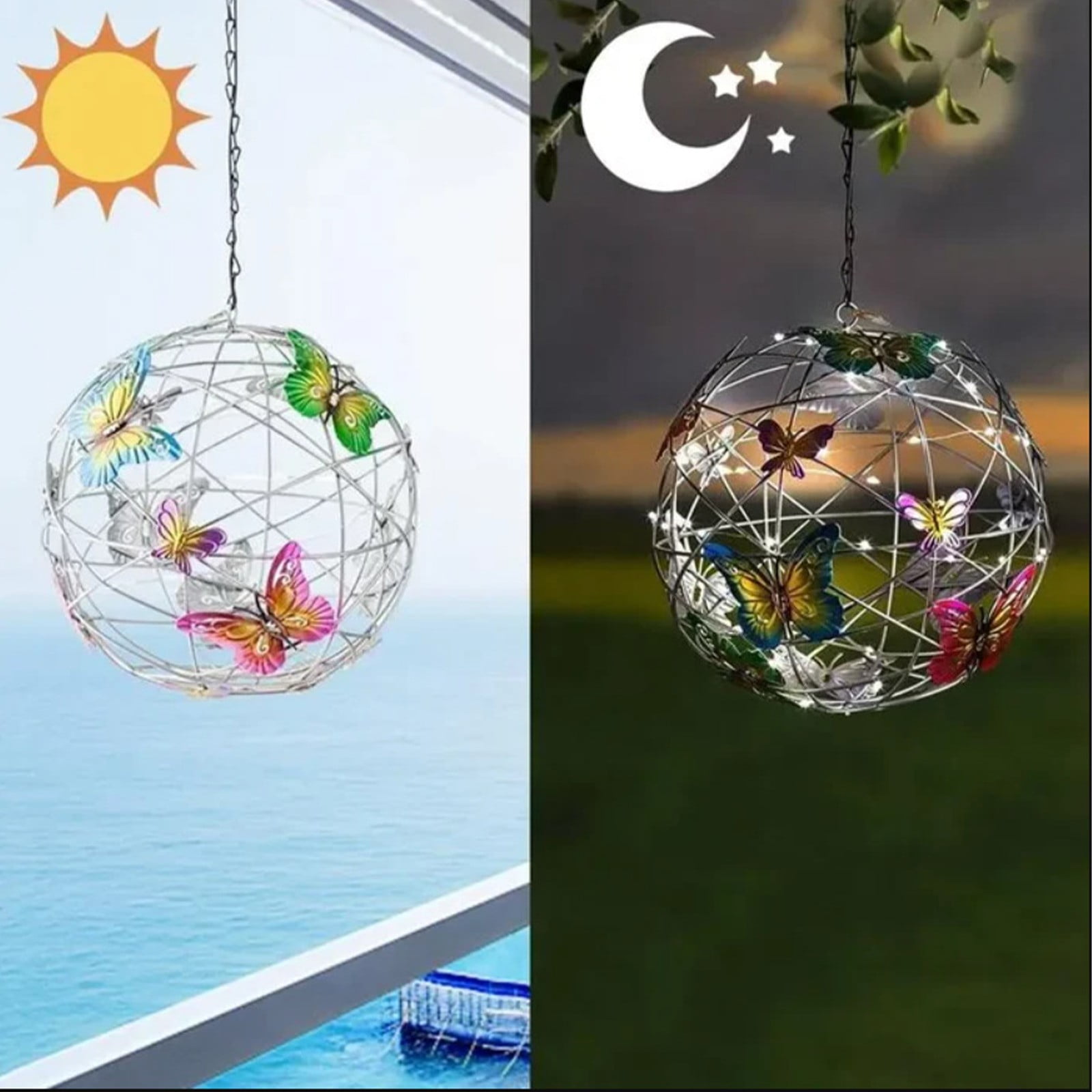Solar Outdoor Butterfly Lights Hanging Metal Sphere Decorative Garden ...