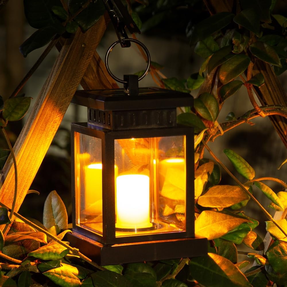 Solar Outdoor Lantern, Solar Candle Flickering Flame Hanging Lanterns ...