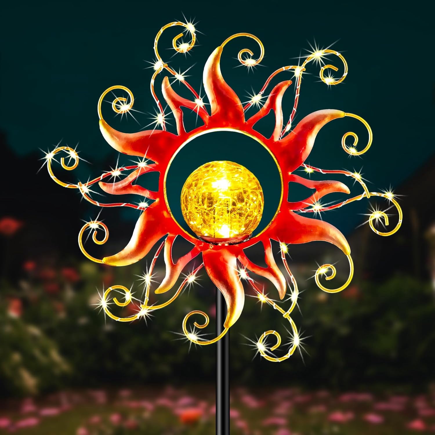 Solar Outdoor Lights Garden Decor, Golden Red Sun Metal Stake Lights ...