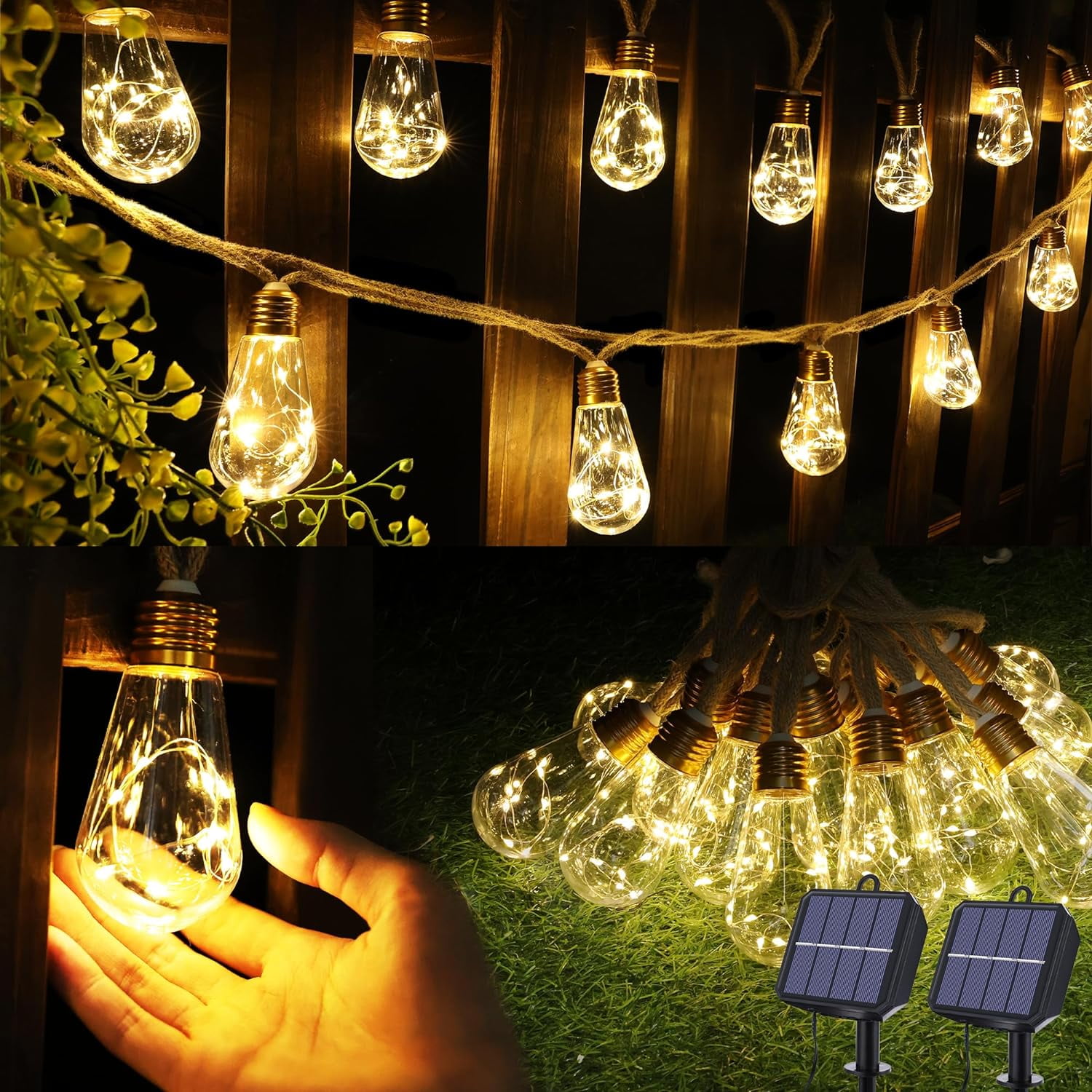 Solar Outdoor String Lights, 2 Pack 20Ft Vintage Rope Hemp Solar Patio ...