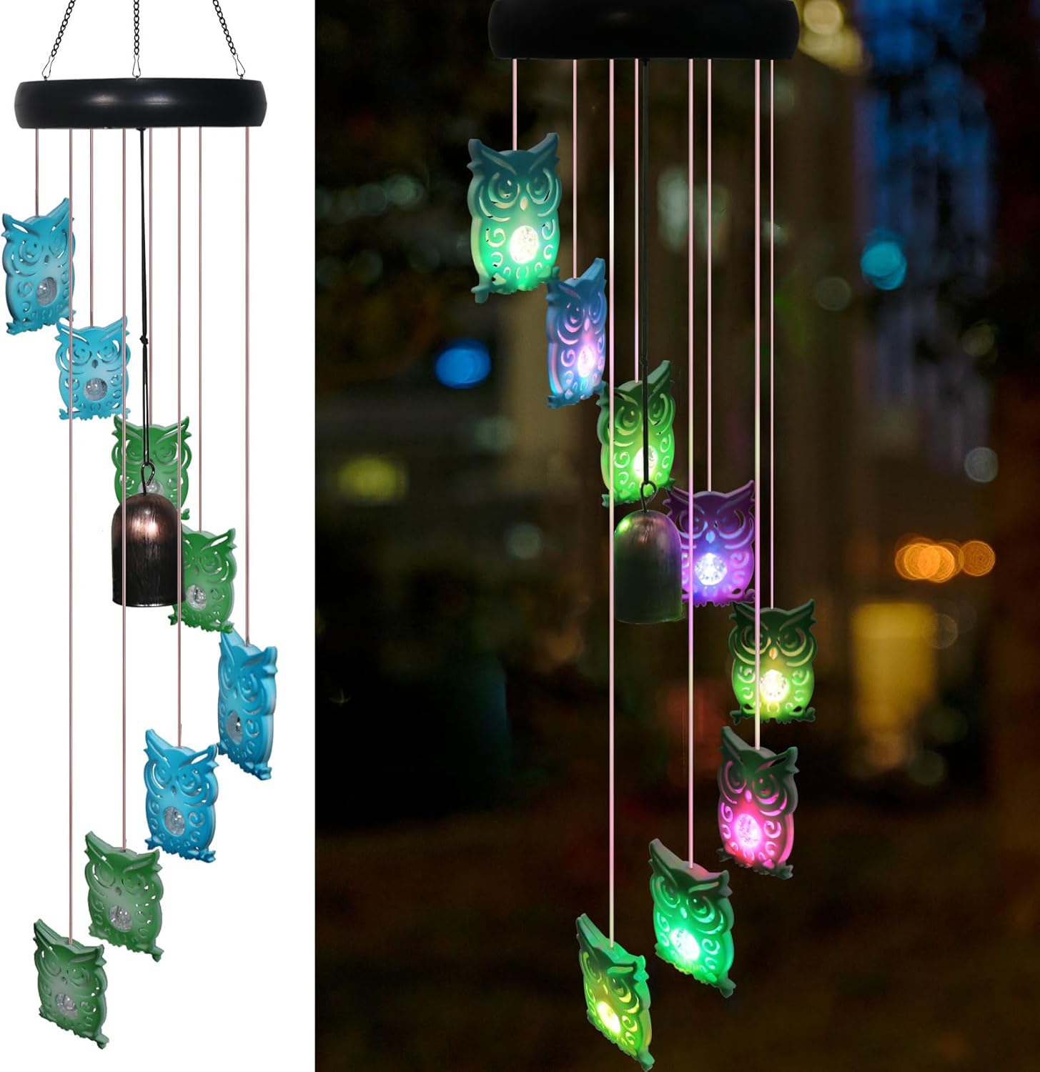 Solar Owl Wind Chimes Changing Colors Outdoor, 8 LED Solar Owl Wind ...