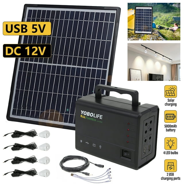 DFITO Solar Panel Power Generator Kit, Portable Battery Pack with 4 LED ...