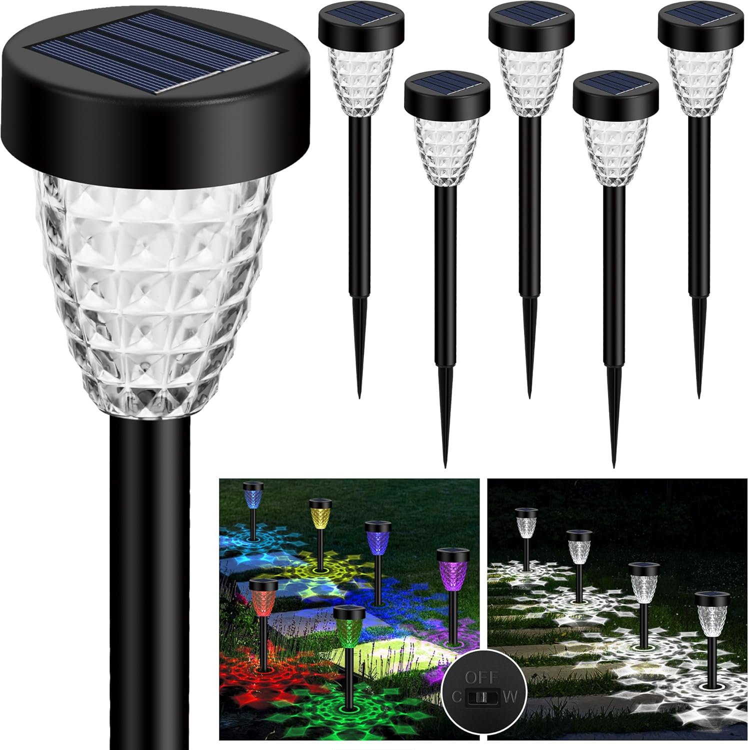 Solar Pathway Lights Outdoor, 6 Pack Color Changing + Cool White, IP65 Waterproof Up to 12 Hrs ...
