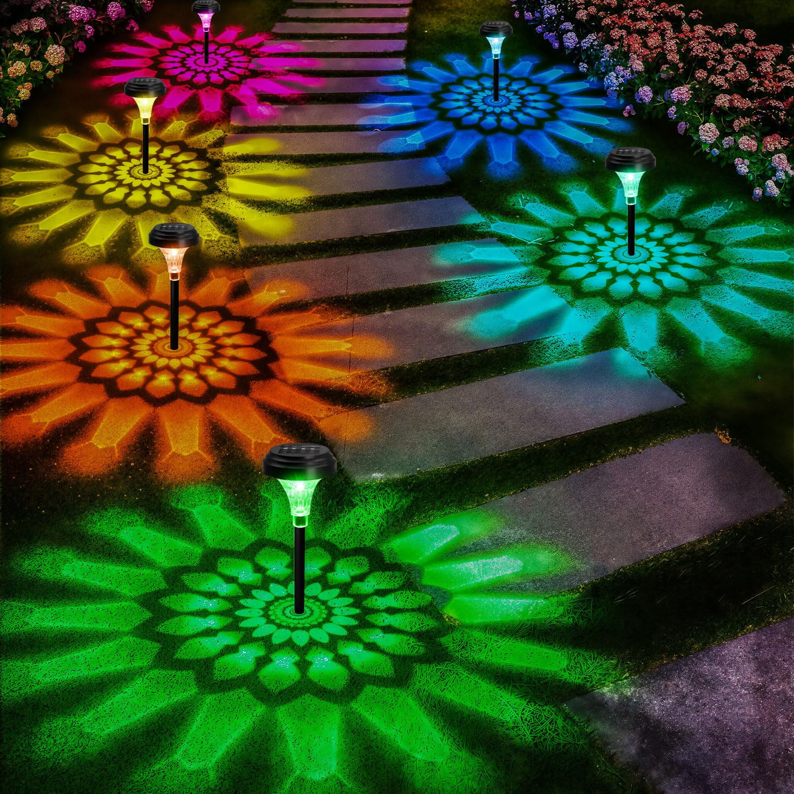 Solar Pathway Lights Outdoor, 8 Pack RGB Color White LED Path Light ...