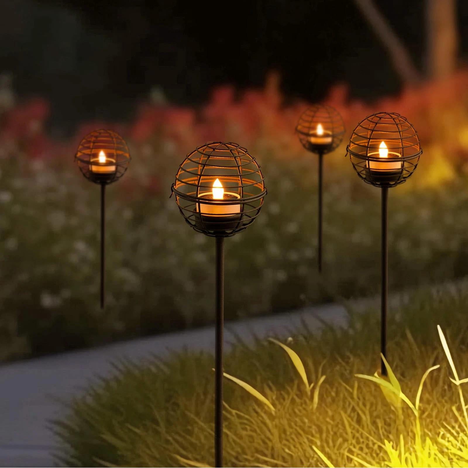 Solar Pathway Lights Outdoor, Rust Iron Ball Candle Holder Stake with ...