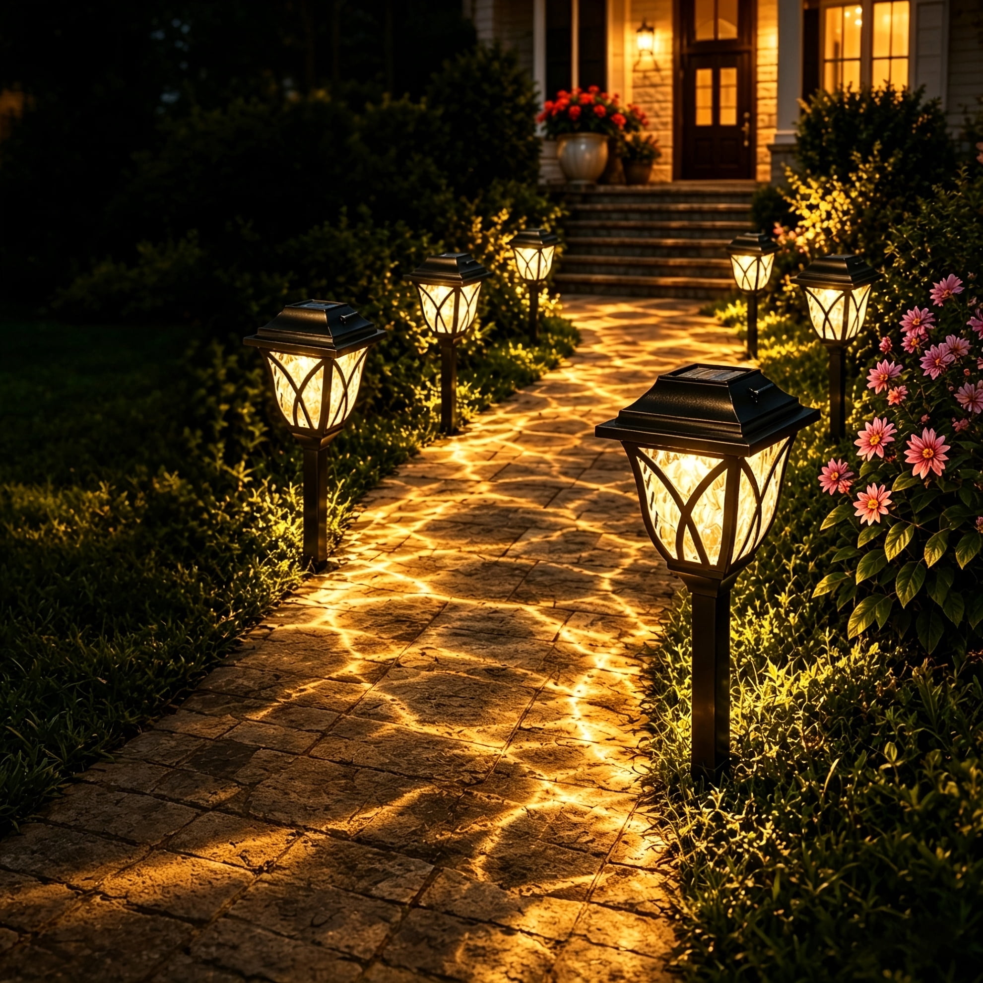 Solar Pathway Lights with Black Square Lanterns, 6 Pack Outdoor Garden ...
