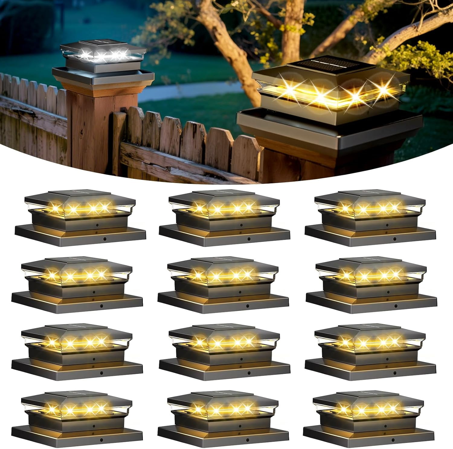 Solar Post Cap Lights 12 Pack, Fence Post Solar Lights, Warm White/Cool ...