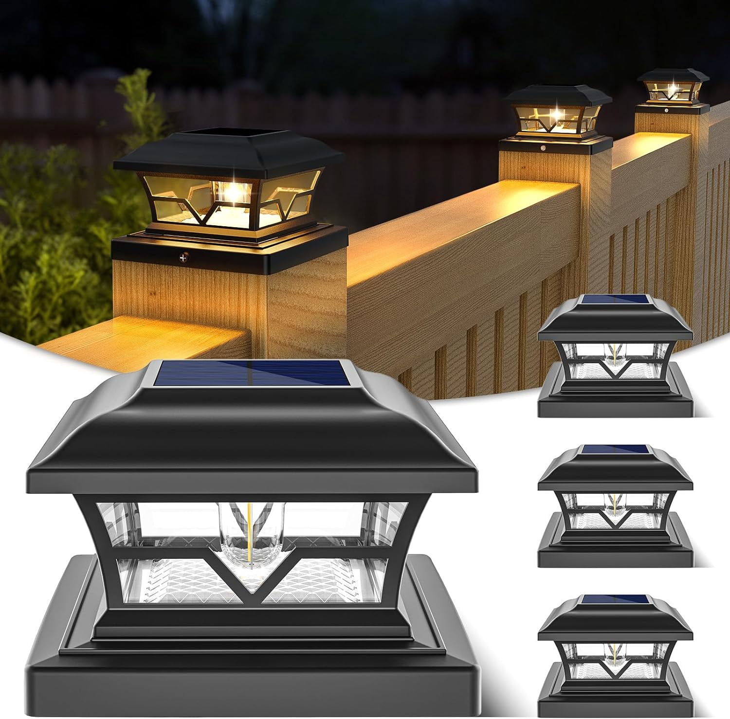 Solar Post Cap Lights Outdoor 4Pack, with Edison LED Bulbs, Fence Post ...