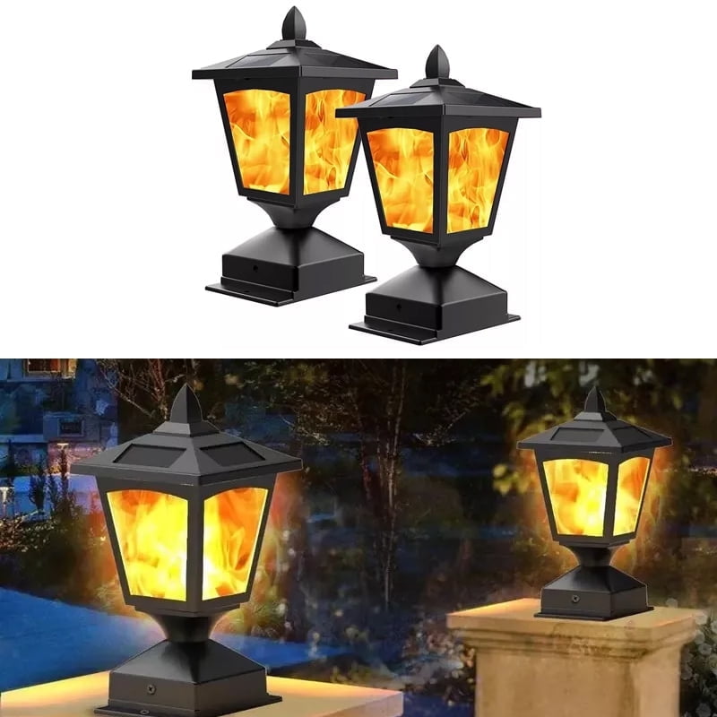 2-Pack Solar Post Cap Lights, Flickering Flame Outdoor Lamp for Fence ...
