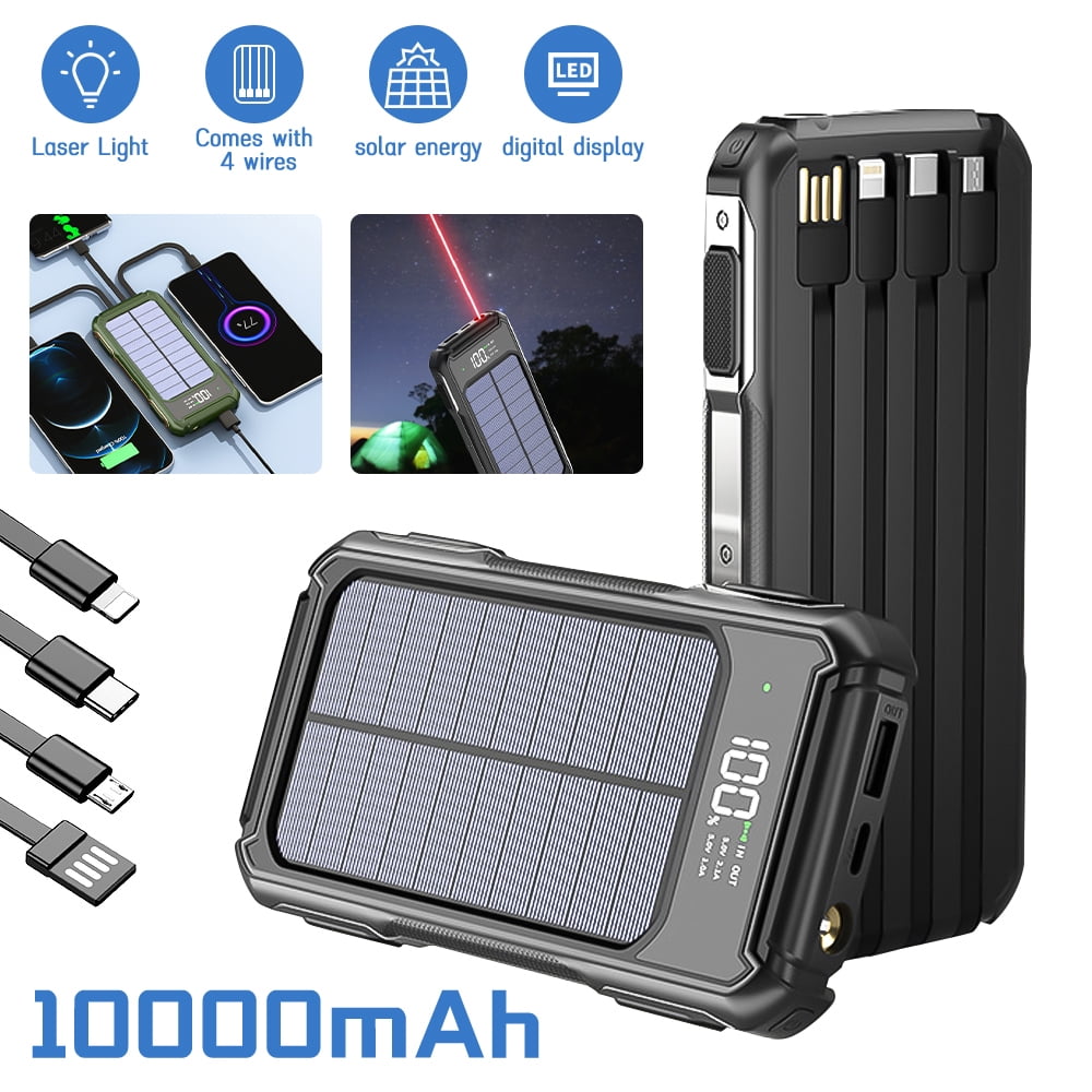 Solar Power Bank 10000mAh with Built in 4 Cables,DFITO Portable Charger ...
