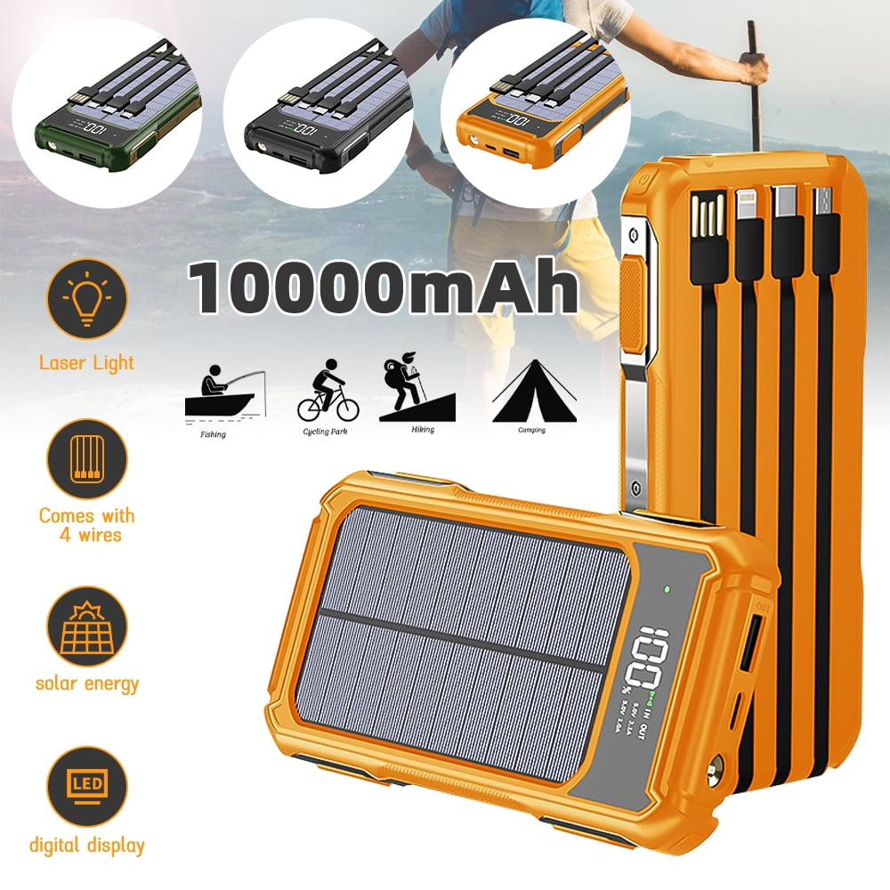 Solar Power Bank 10000mAh with Built in 4 Cables,DFITO Portable Charger ...
