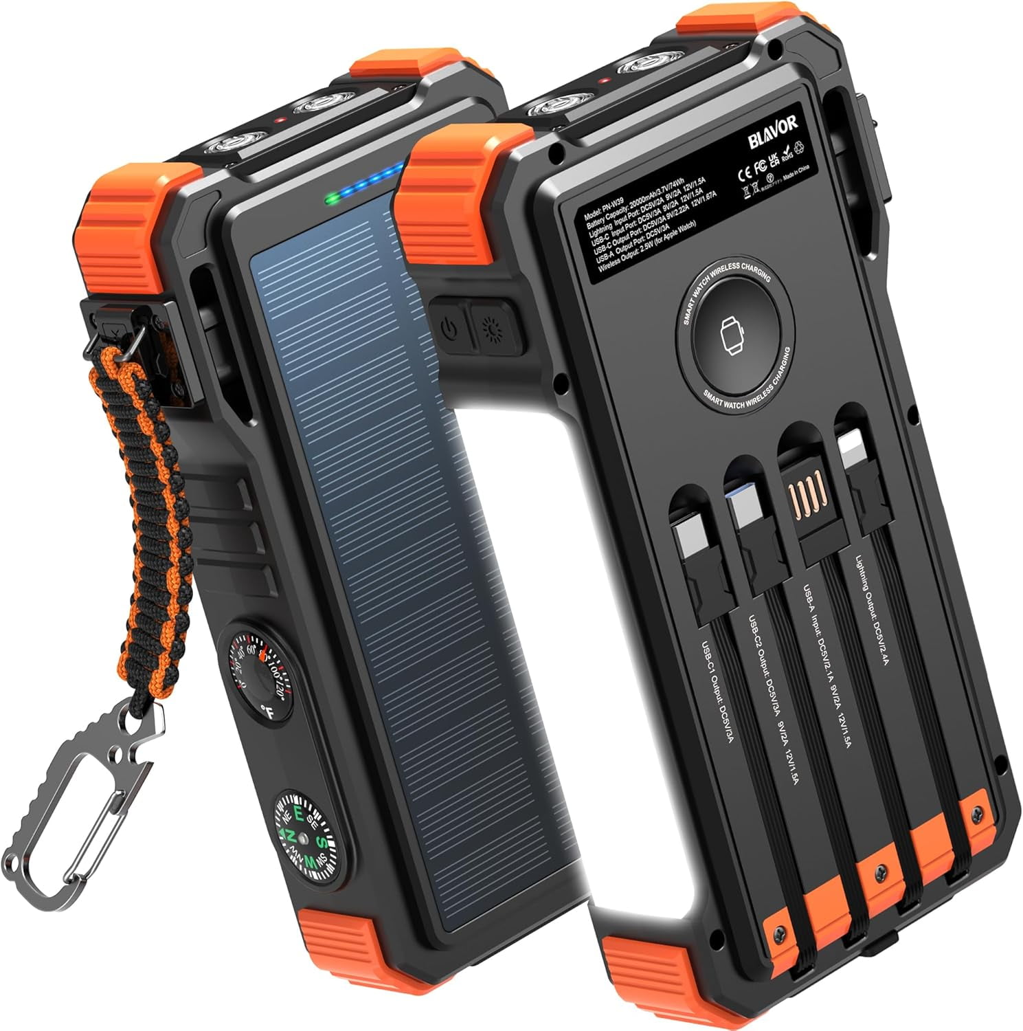 Solar Power Bank 20000mAh Built-in Cables, Wireless Charger for Apple ...