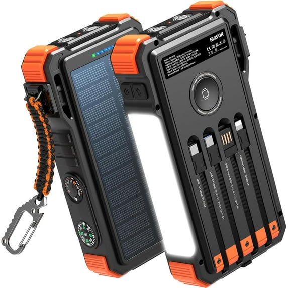 Solar Power Bank 20000mAh Built-in Cables, Wireless Charger for Apple ...