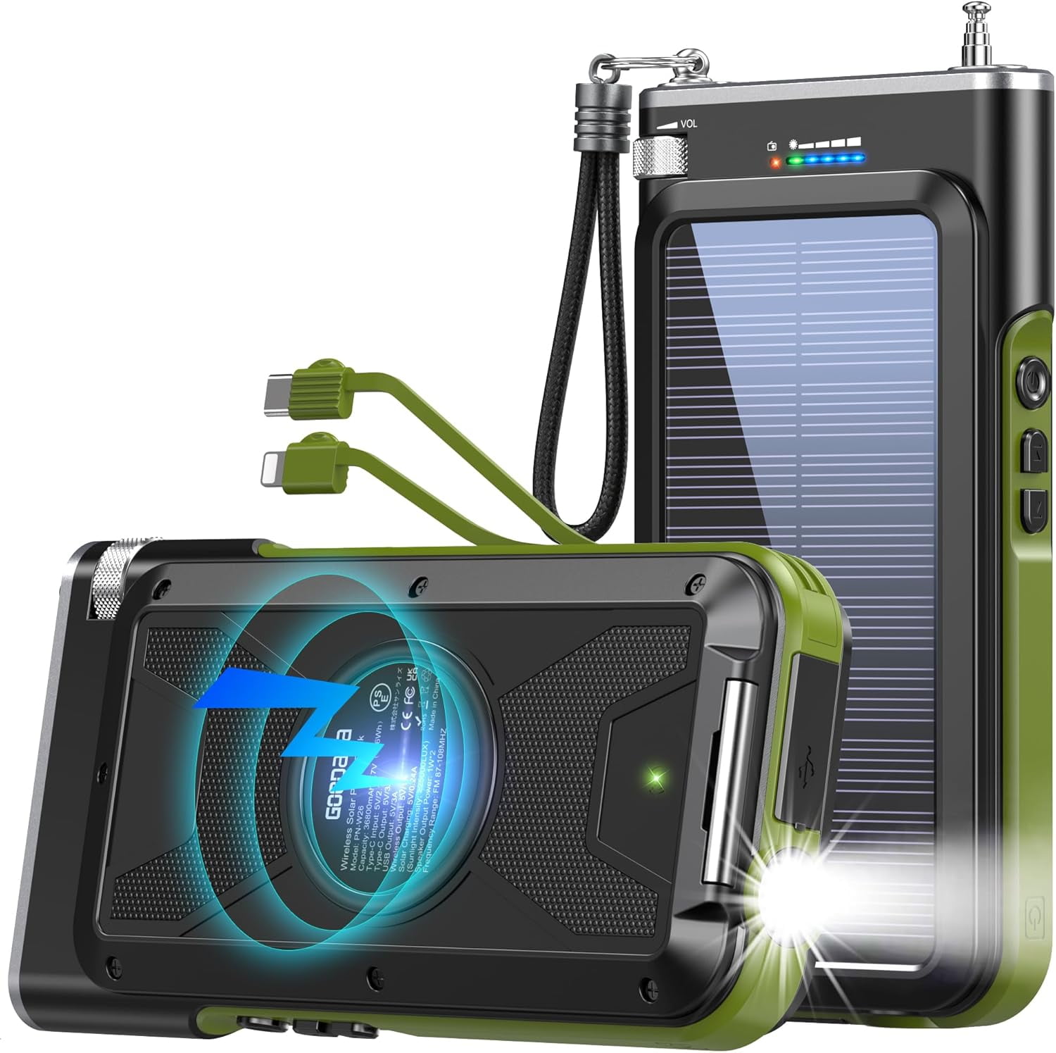 Solar Power Bank, 45800mAh Wireless Portable Charger Built-in Cables ...