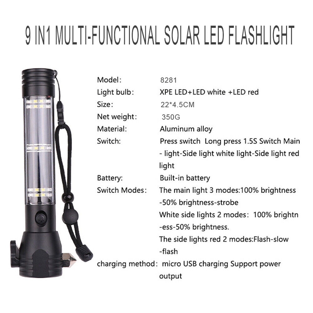 Solar Power LED Flashlight 9in1 Multi-function - Walmart.com