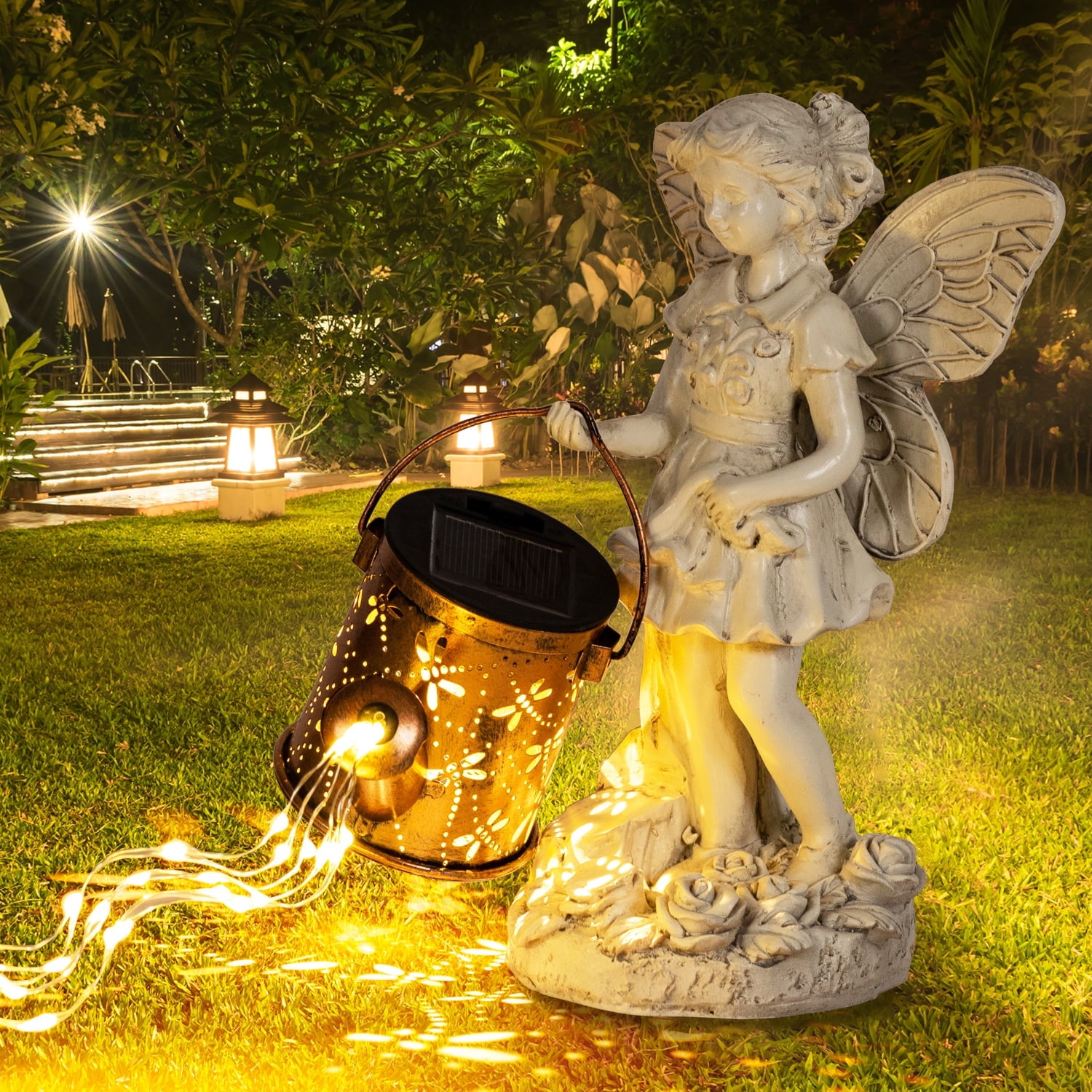 Solar Powered Angel Statues with Watering Can 36 Warm White LED String ...