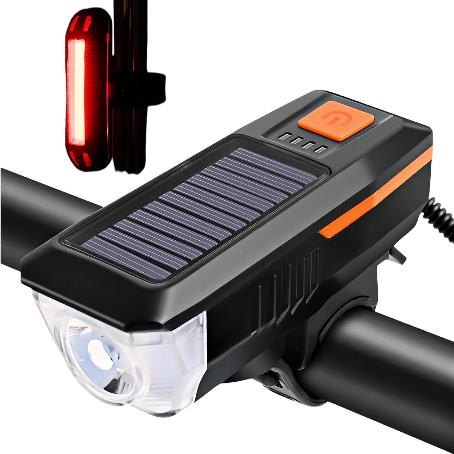 Solar Powered Bike Light with 3 Modes LED Headlight & Waterproof Bell - USB Rechargeable for ...