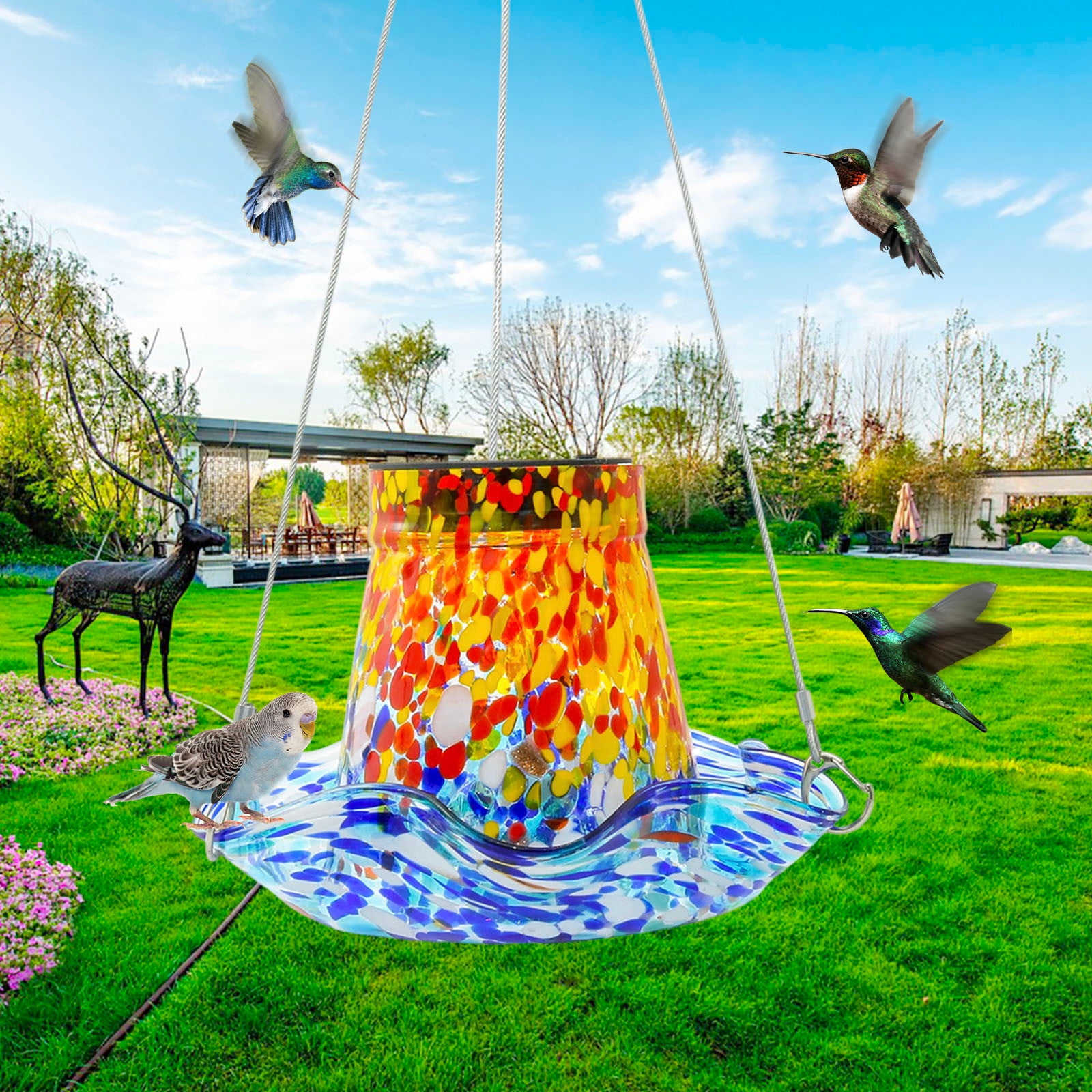 Solar-Powered Bird Feeder,Mosaic Style Colorful Dots Hanging Garden ...
