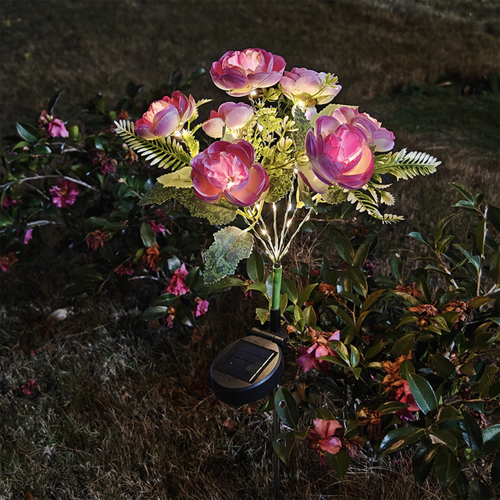Solar-Powered Camellia Garden Lights with 7 Lifelike Buds, Warm White LED, Waterproof Metal ...