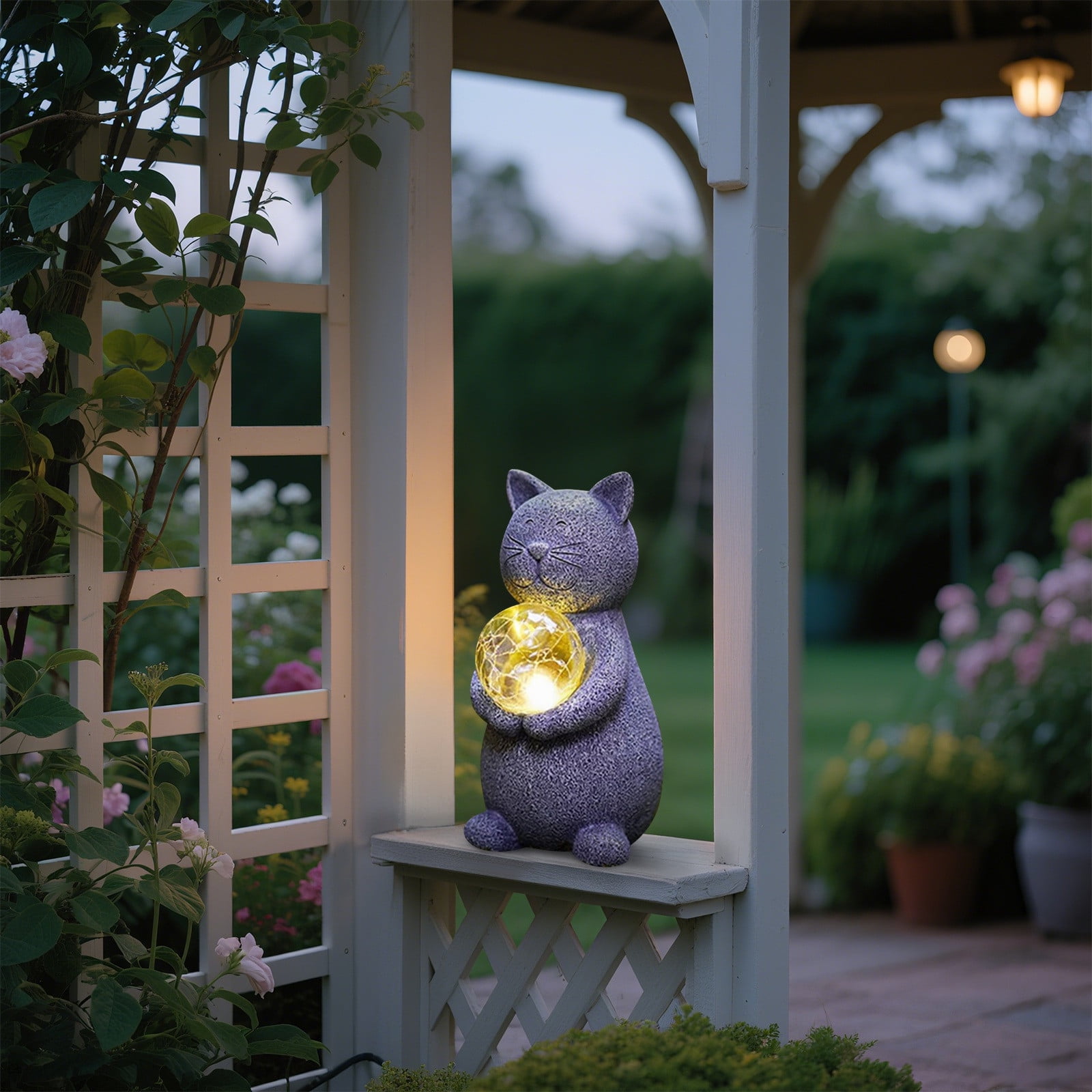 Solar-Powered Cat Garden Statue - LED Light Ball, Outdoor Decor for ...
