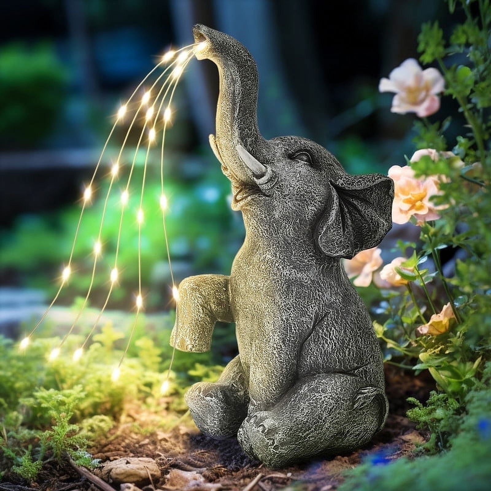 Solar-Powered Elephant Watering Statue, Outdoor Garden Decor with LED ...