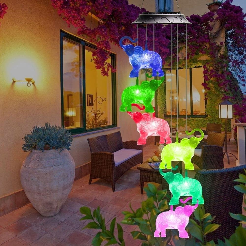 Solar Powered Elephant Wind Chimes Color Changing Waterproof Six Head ...