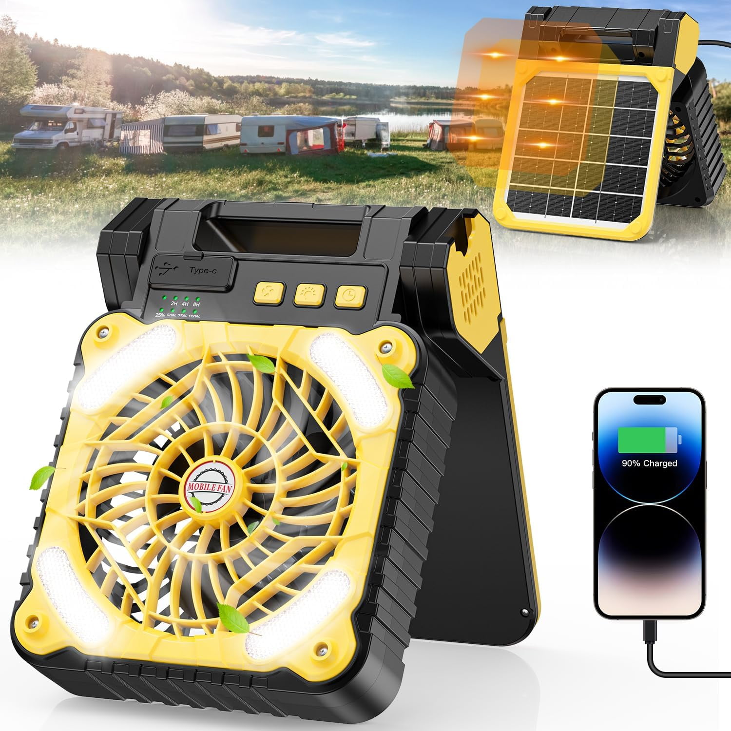 Solar Powered Fan for Camping, 10400mAh Rechargeable Battery Operated ...