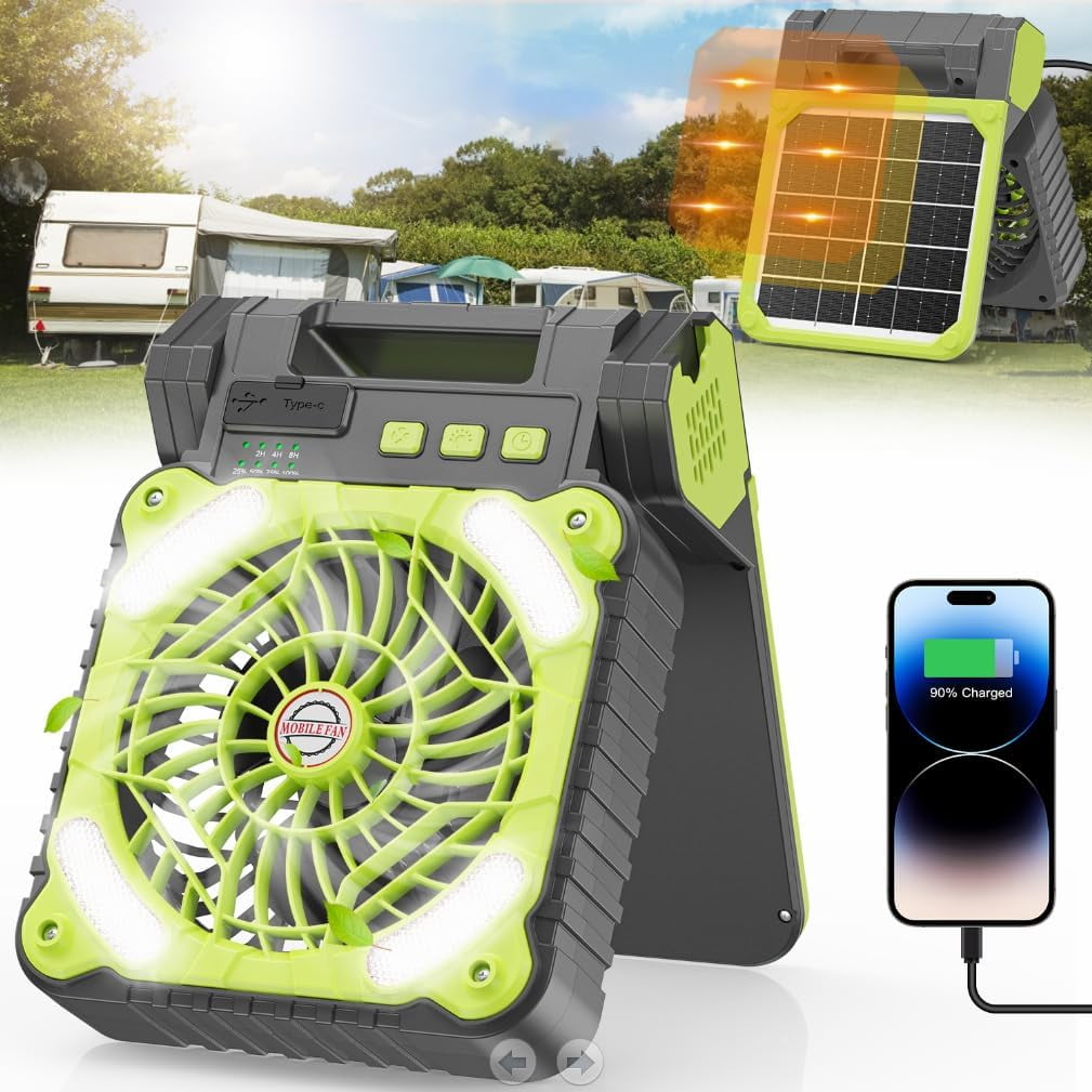 Solar Powered Fan for Camping 10400mAh Rechargeable Battery Operated ...