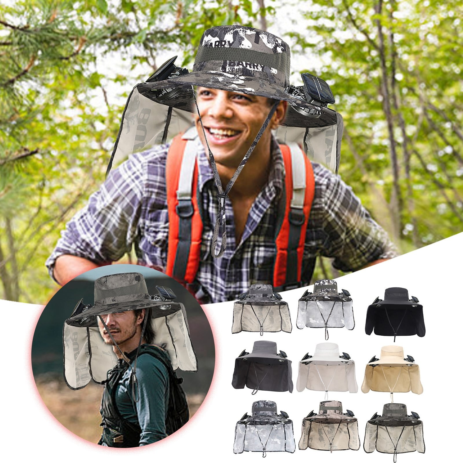 Solar Powered Fan Hat For Outdoor Fishing UPF 50+ Grey Sun Hat With USB And Solar Fans ...