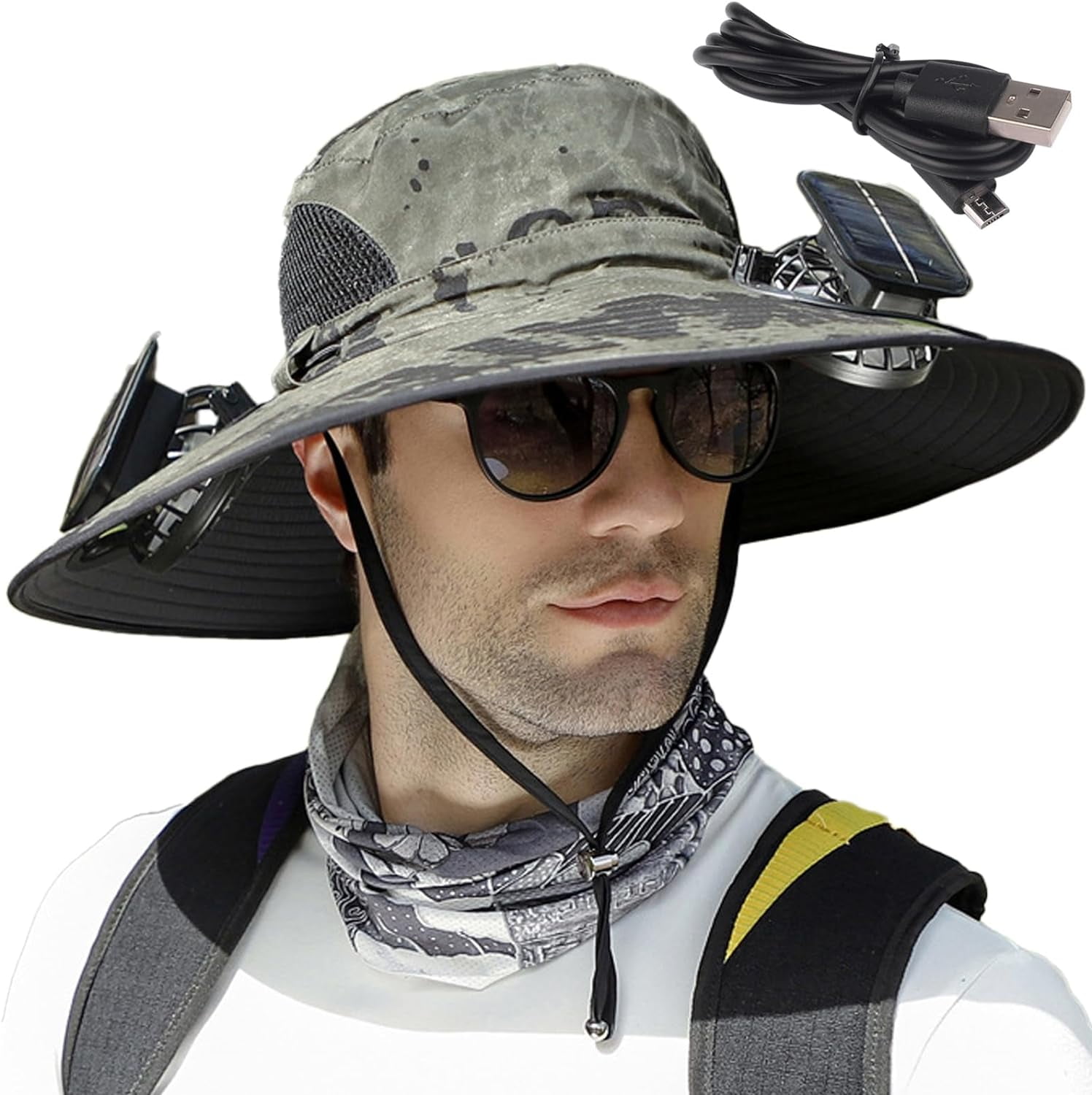Solar Powered Fan Hat, Solar Fan Hat for Men, Wide Brim Outdoor Fishing Hat with 2 Solar Fan, 3 ...