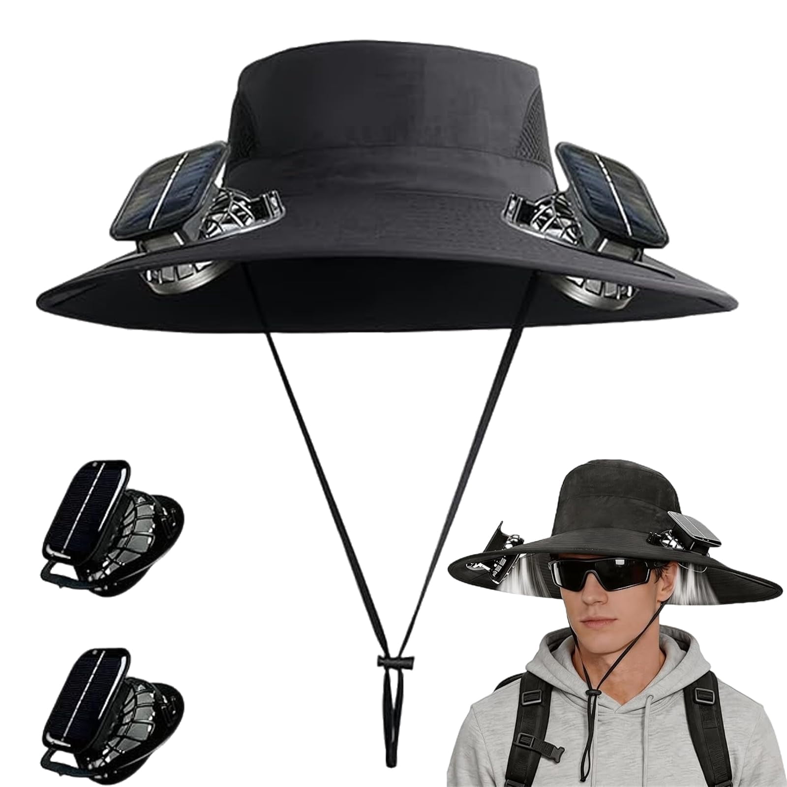 Solar Powered Fan Hat,Outdoor Wide Brim Cooling Sun Hat with 2 Built-in ...