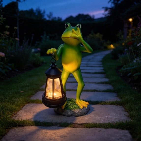 Solar-Powered Frog Garden Statue with LED Lantern, Weatherproof Resin ...