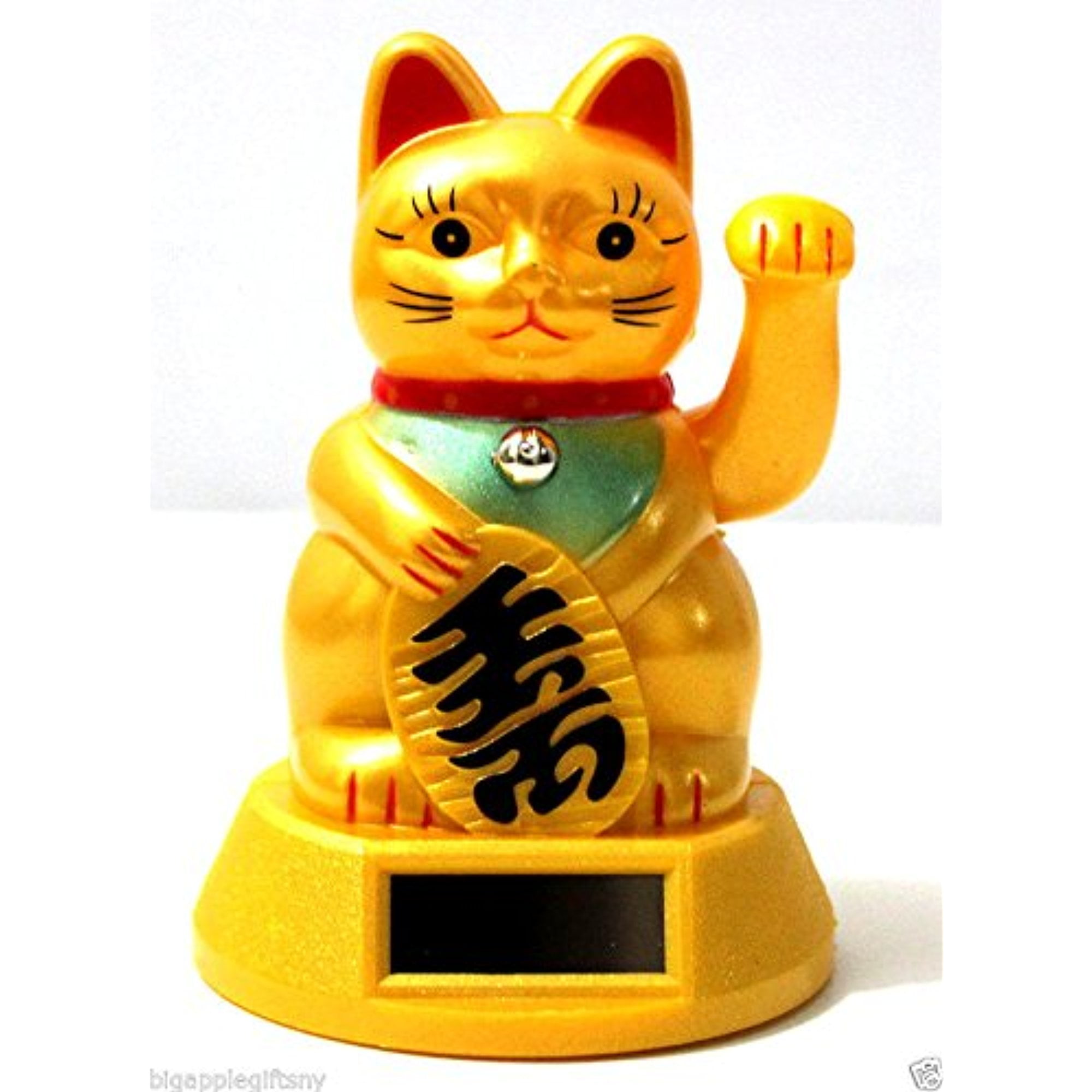 Solar Powered GOLD Feng Shui Gold Lucky Beckoning Waving Cat Maneki ...