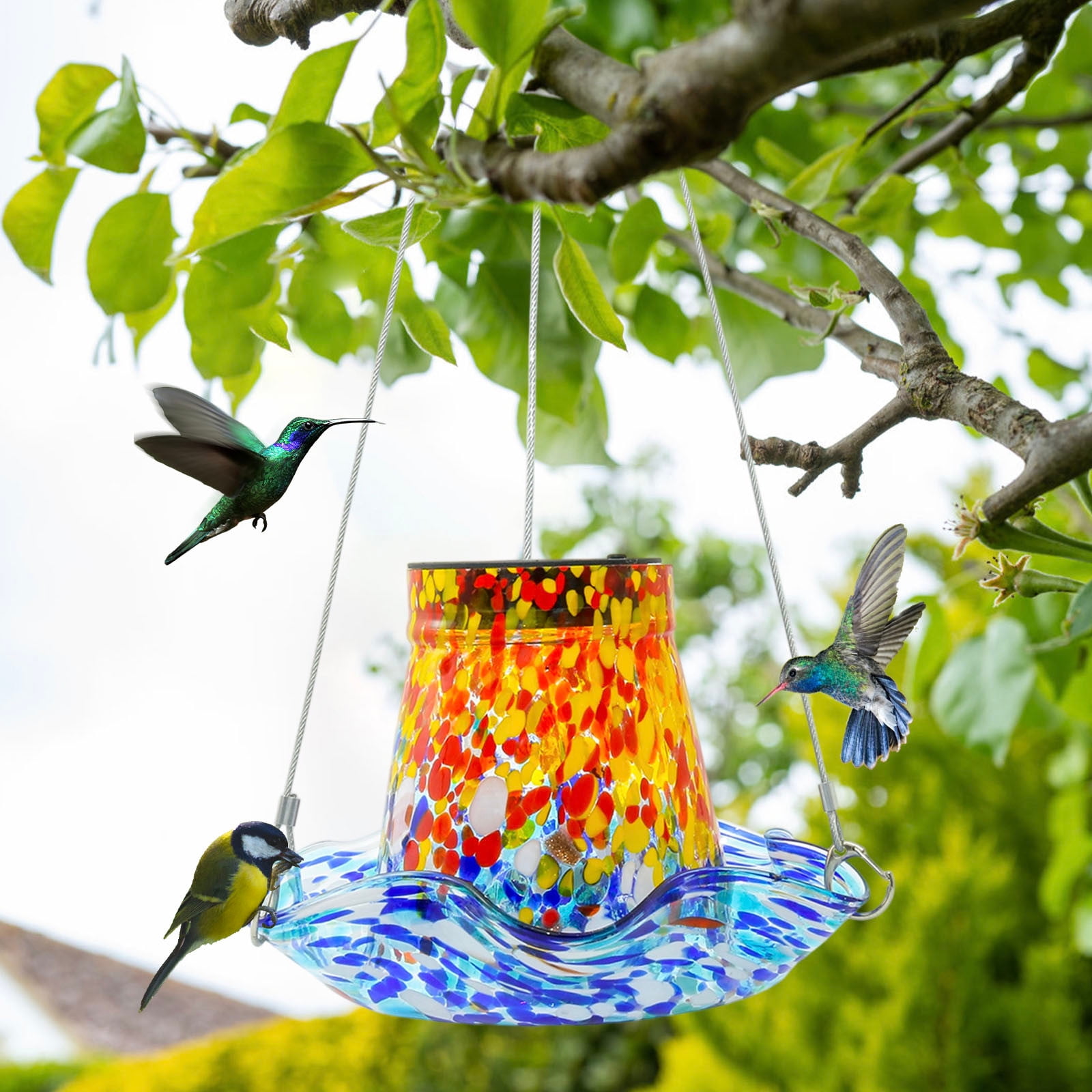 Solar Powered Glass Birds Feeder, Pretty Multicolor Hanging Glass ...