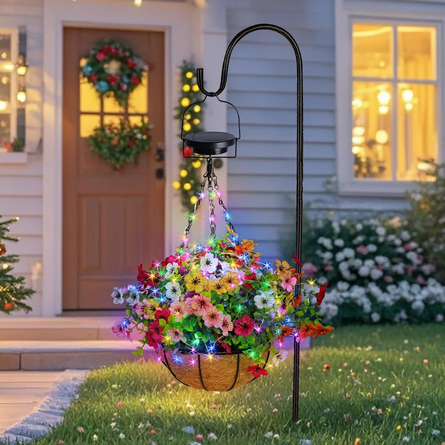Solar-Powered Hanging Baskets with Lighted Artificial Flowers: RGB ...