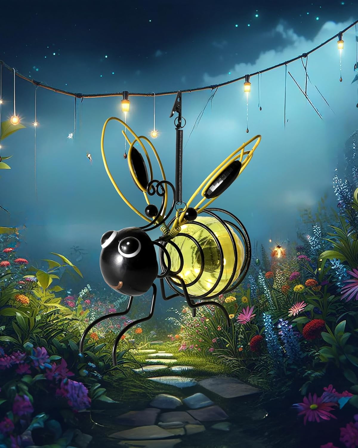 Solar-Powered Hanging Bee Light - Metal LED Outside Bugs with Bouncy ...