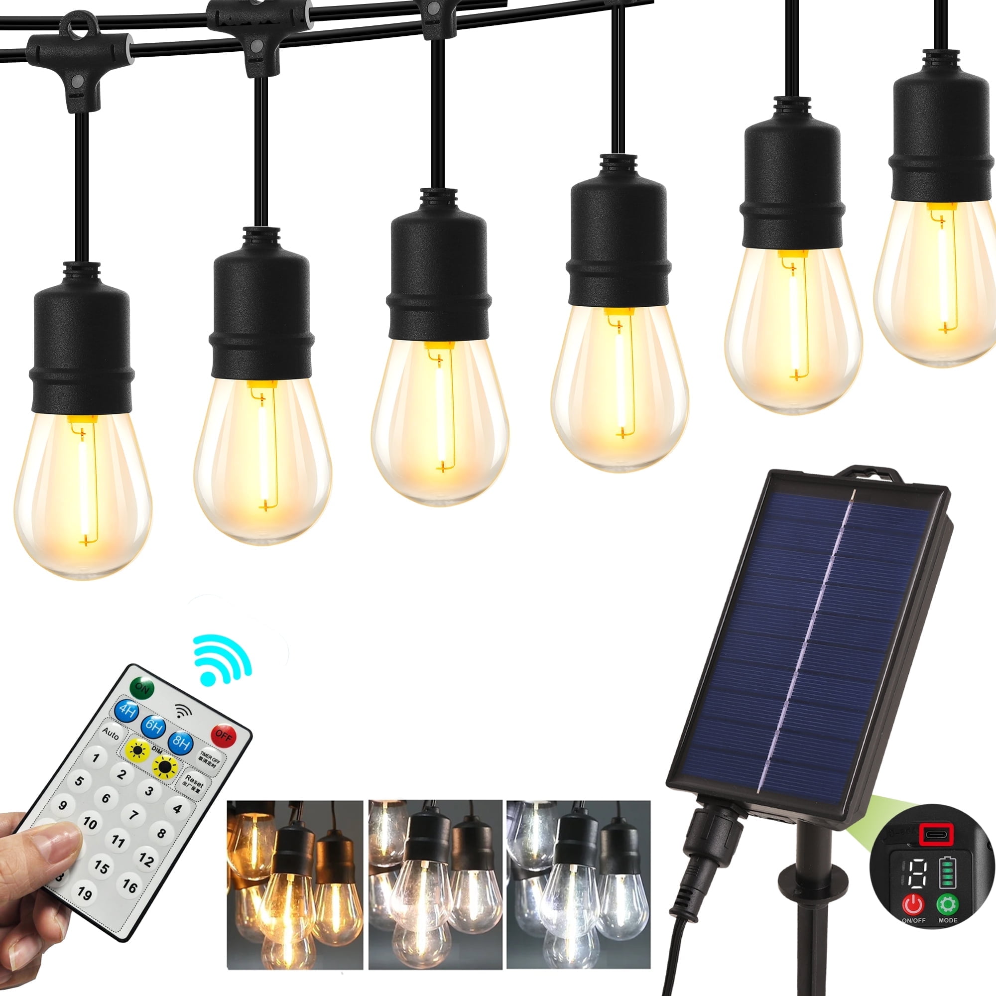 PMS Solar Powered LED Outdoor String Lights 39ft, Warm to White ...
