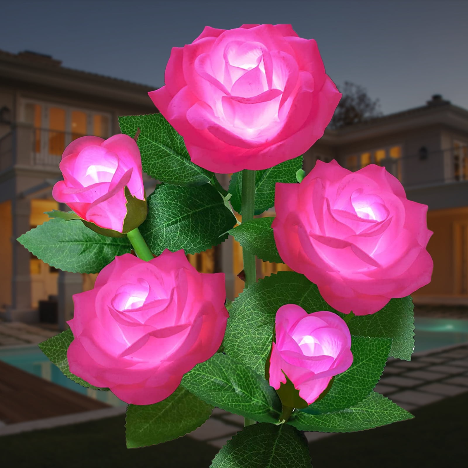 Solar Powered Light with 5 Pink Rose Flowers, Waterproof Solar ...