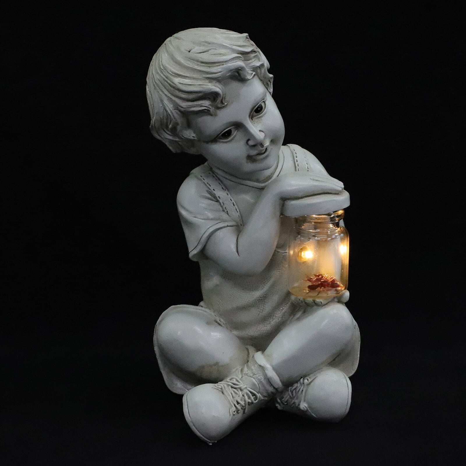 Solar Powered Light Kid Statue Garden Yard Outdoor Resin Child Ornament ...