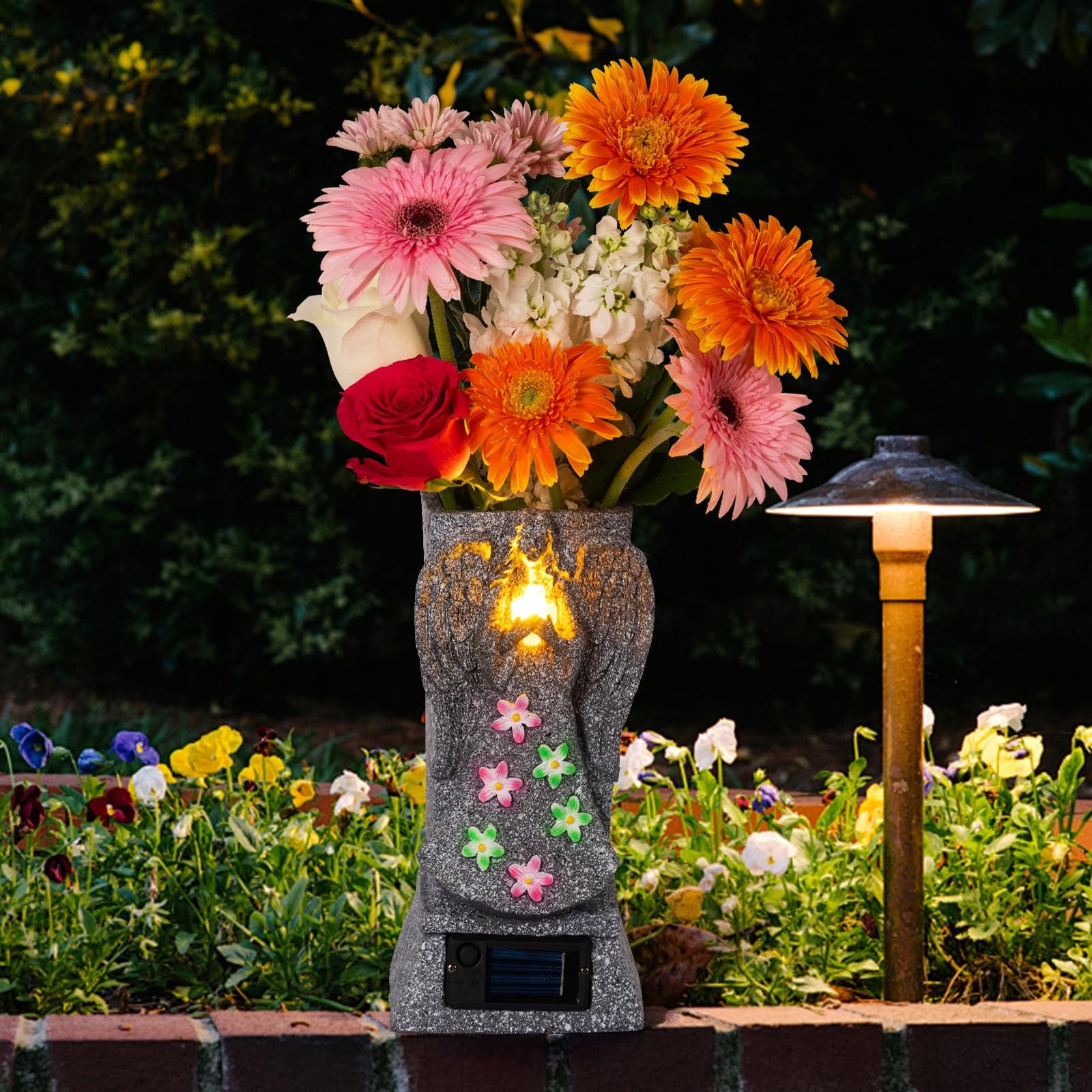 Solar Powered Memorial Vase LED Grave Decor with Stabilizing Spikes for ...