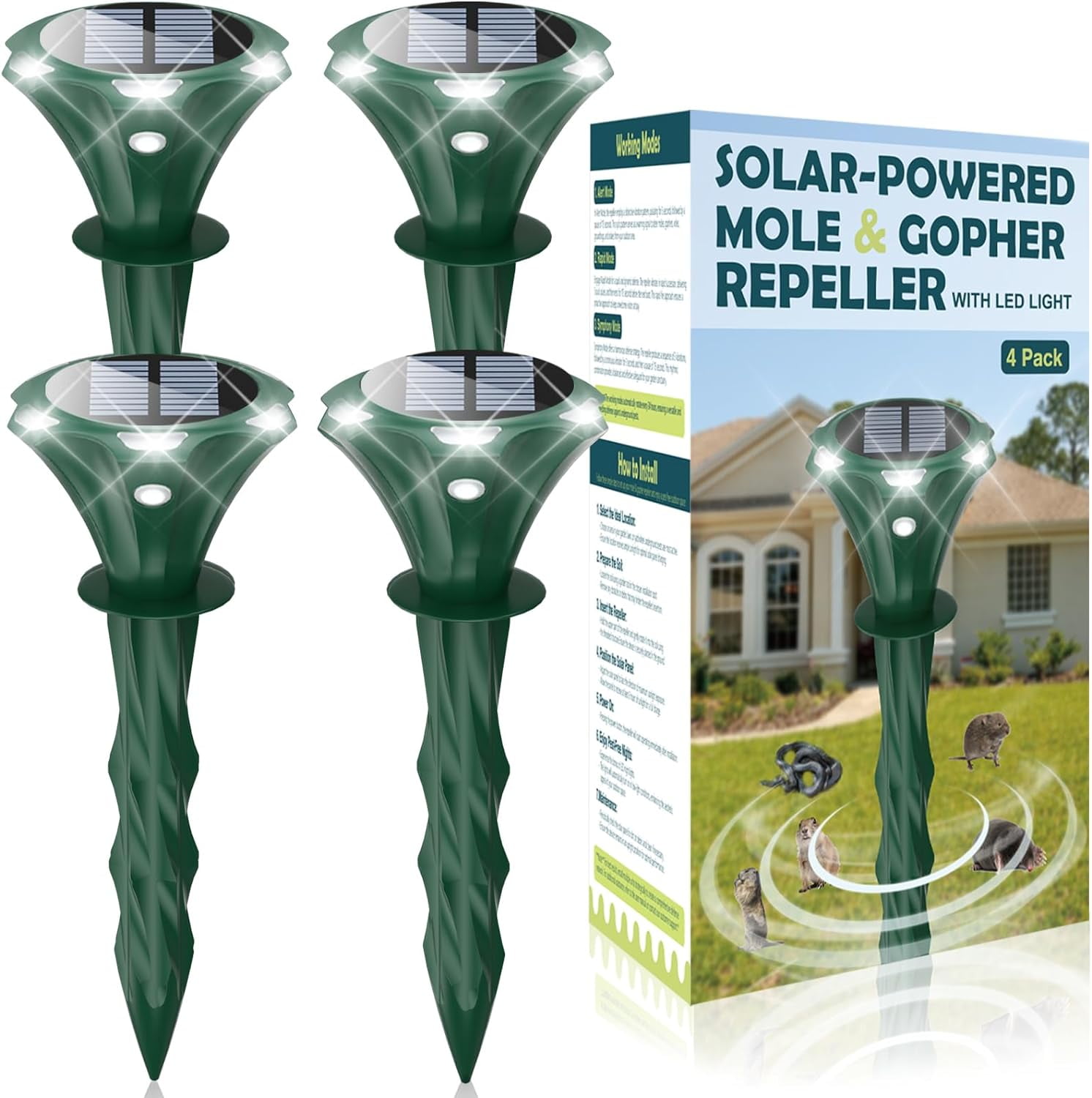 Solar-Powered Mole Repellent: 4 Pack Sonic Deterrent Spikes for Garden ...